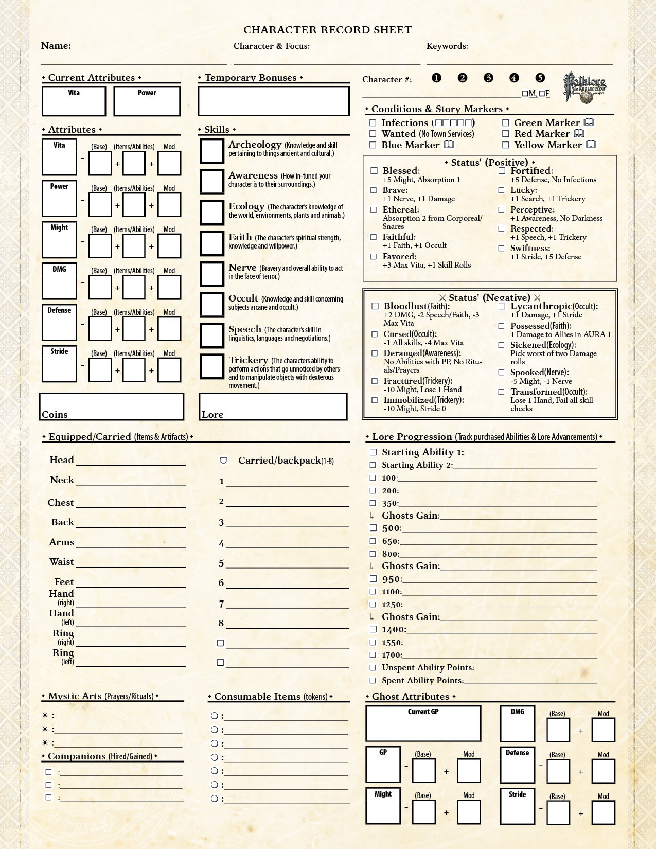 Modified Character Sheet (no character card needed) | Folklore: The ...