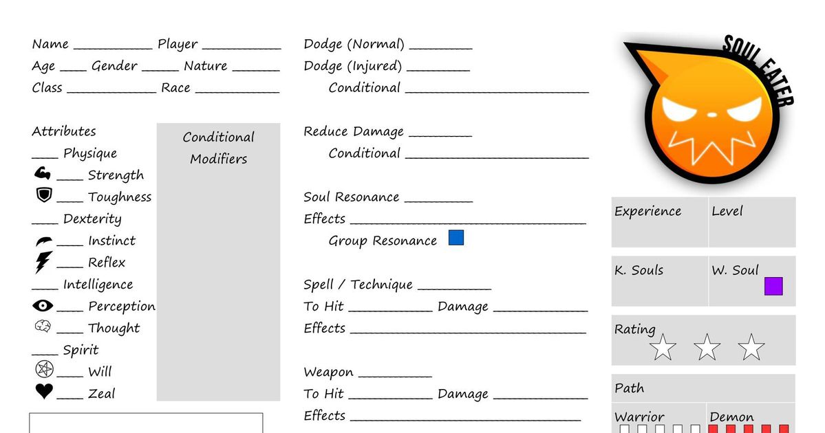 Soul Eater Character Sheet | RPG Item | BoardGameGeek