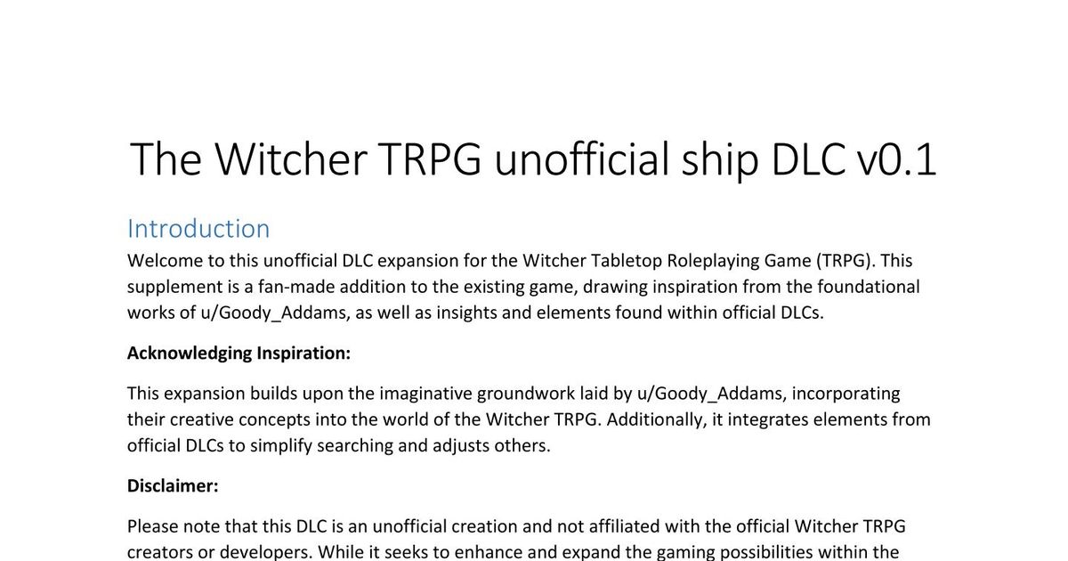 The Witcher TRPG unofficial ship DLC | RPG Item | RPGGeek
