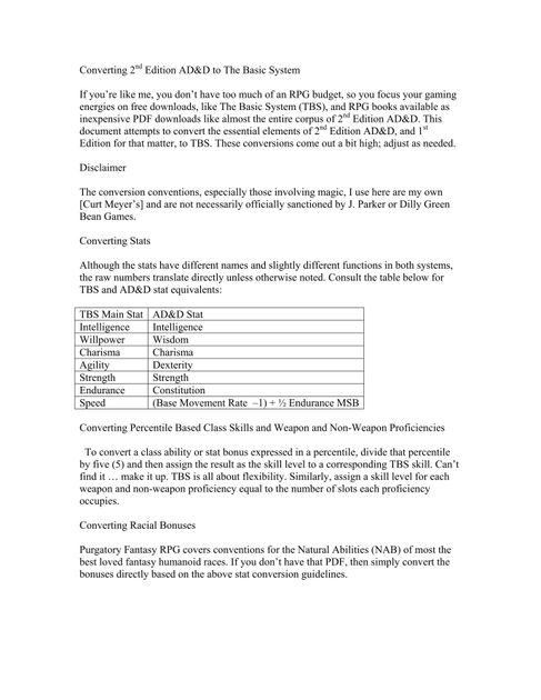 TBS Conversion: Converting 2nd Edition AD&D to The Basic System | RPG Item | RPGGeek