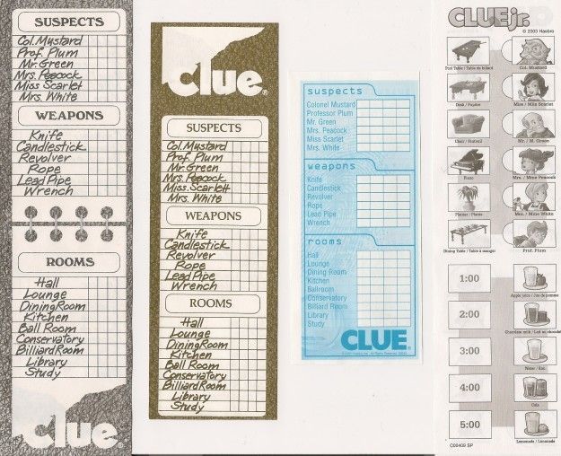 Clue Game Sheets