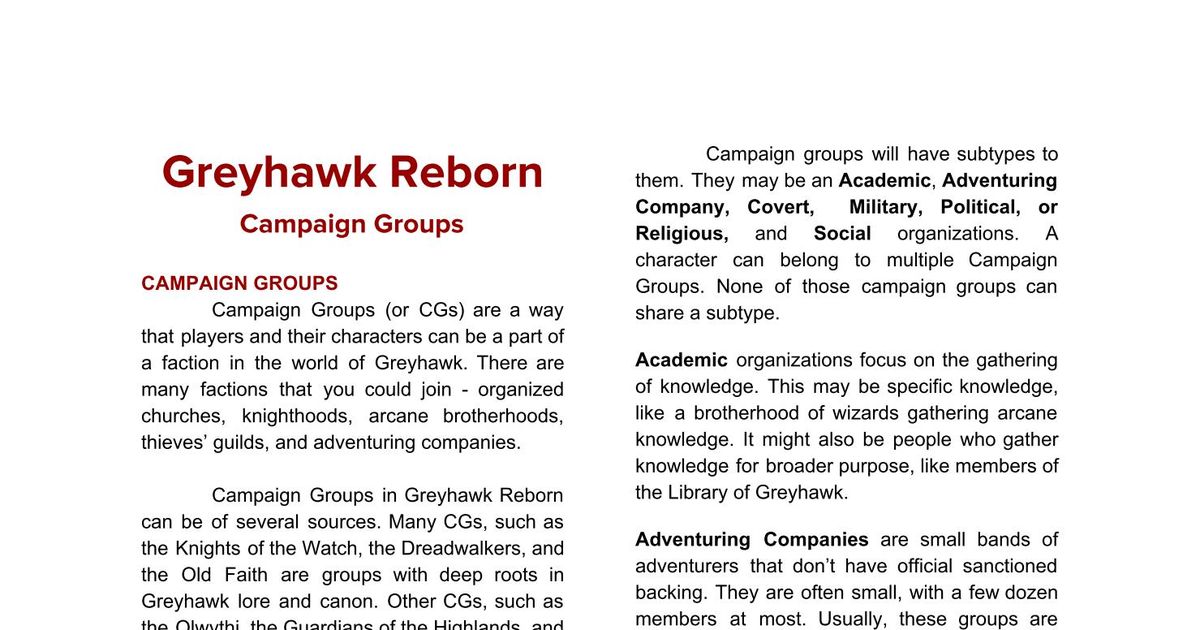 Greyhawk Reborn Campaign Groups | RPG Item | RPGGeek