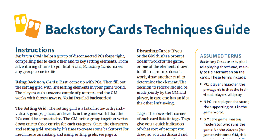 Backstory Cards Techniques Guide | RPG Item | RPGGeek