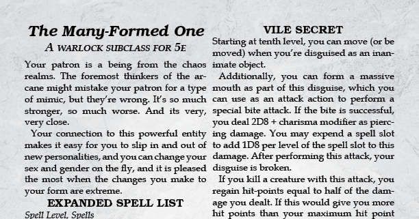 The Many-Formed One: A Warlock Subclass For 5E | RPG Item | RPGGeek