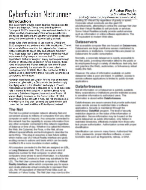 CyberFuzion Netrunner | RPG Item | RPGGeek