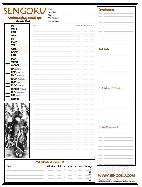 Sengoku: Character Sheets | RPG Item | RPGGeek
