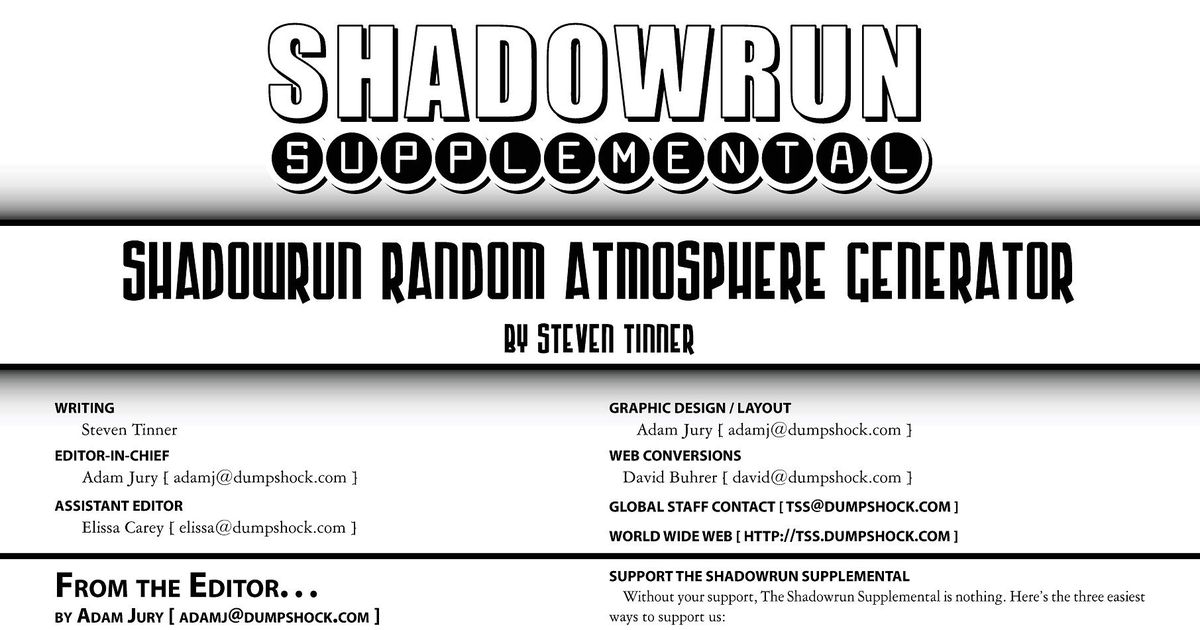 The Shadowrun Supplemental: Shadowrun Random Atmosphere Generator | Issue | RPGGeek