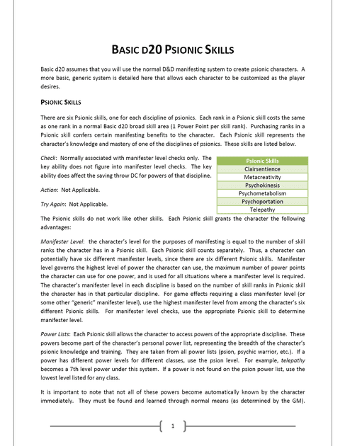 Basic d20 Psionic Skills | RPG Item | RPGGeek