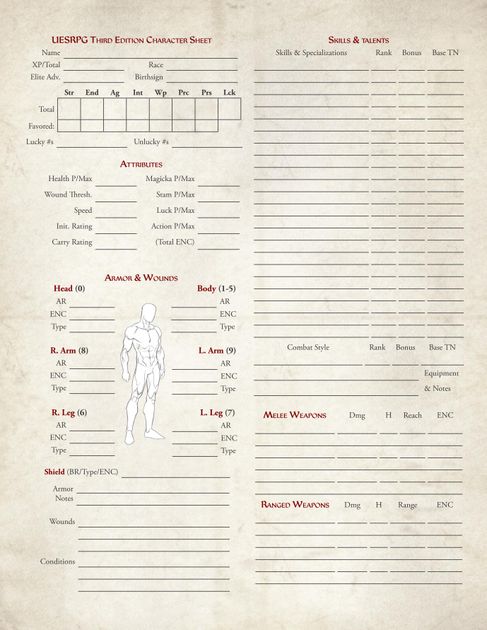 UESRPG Third Edition Character Sheet | RPG Item | RPGGeek