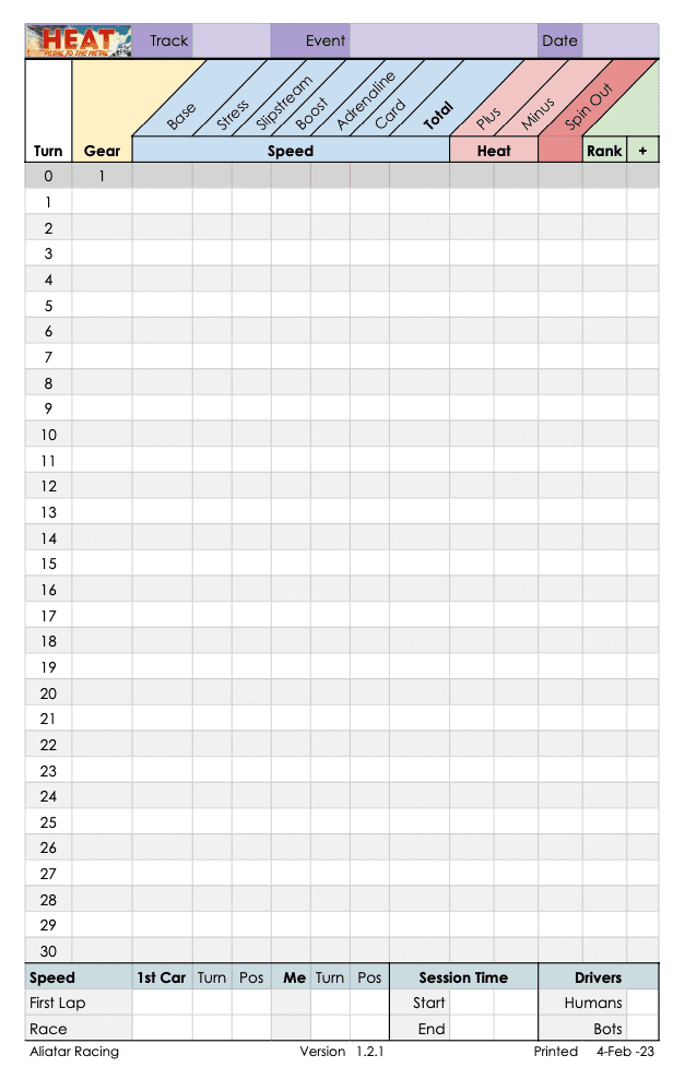 Heat Race Tracking Sheet | Heat: Pedal to the Metal
