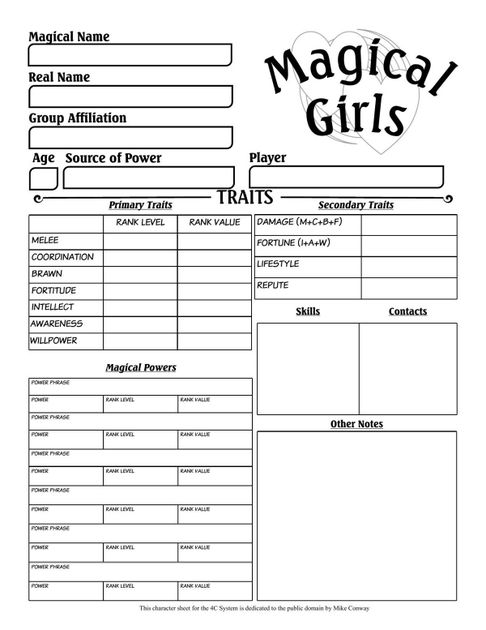 4C Character Sheet: Magical Girls | RPG Item | RPGGeek