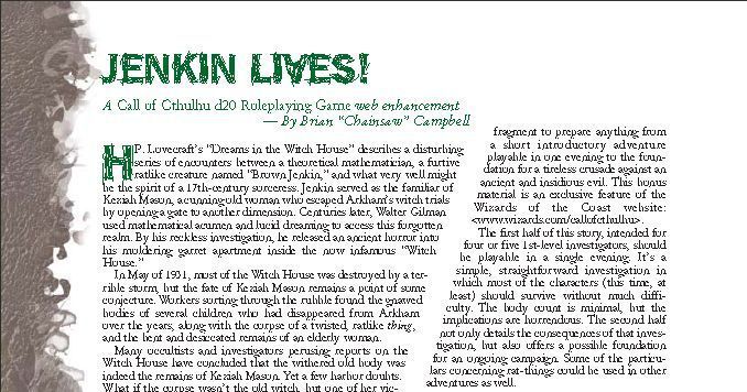 Jenkin Lives!: A Call of Cthulhu d20 Roleplaying Game web enhancement ...