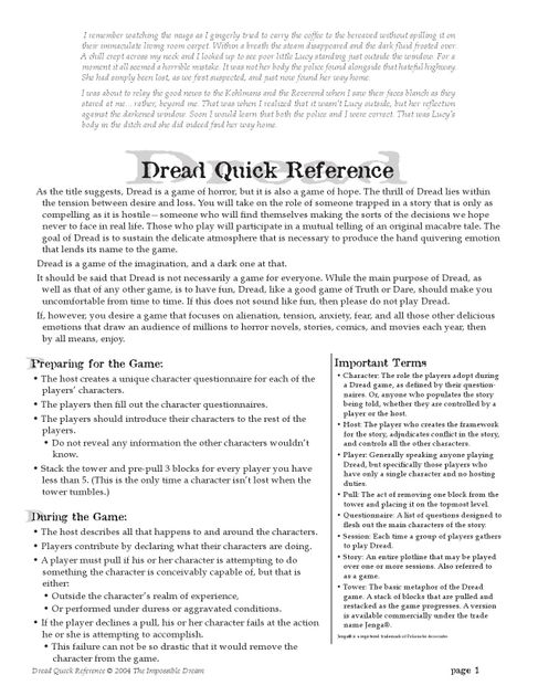 Dread Quick Reference | RPG Item | RPGGeek