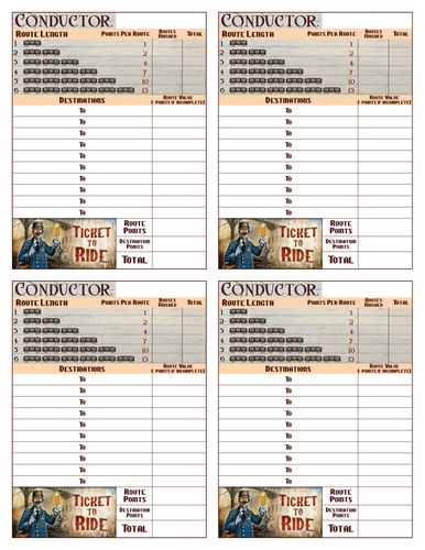 Ticket to Ride Individual Score Sheets (set of 4) | Ticket to Ride