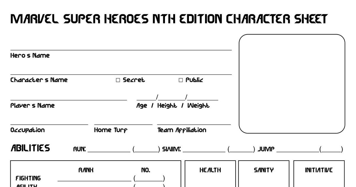 Marvel Super Heroes Nth Edition Character Sheet | RPG Item | RPGGeek