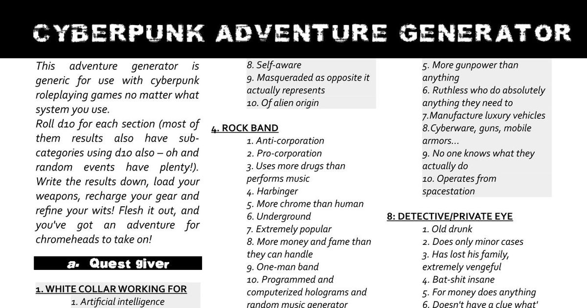 Cyberpunk Adventure Generator | RPG Item | RPGGeek