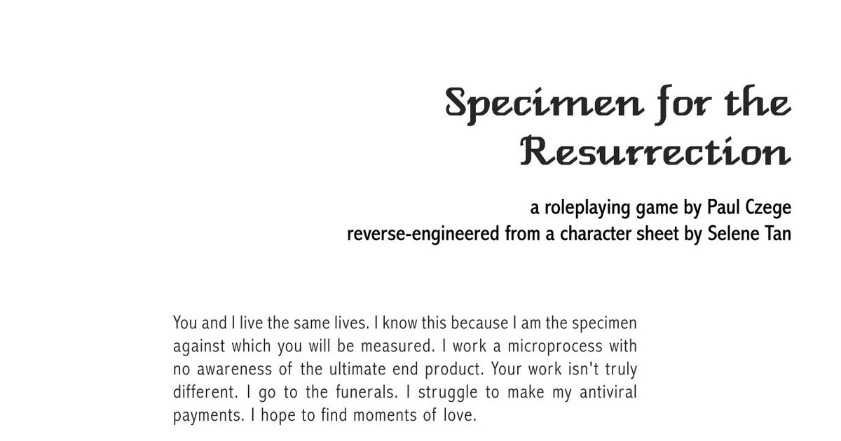 Specimen for the Resurrection | RPG Item | RPGGeek