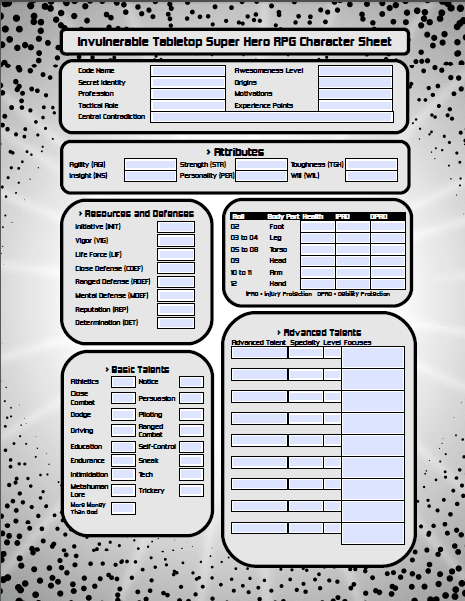 Invulnerable RPG Form-Fill Character Sheet | RPG Item | RPGGeek