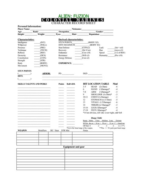 Alien: FUZION - Colonial Marines Character Record Sheet | RPG Item ...