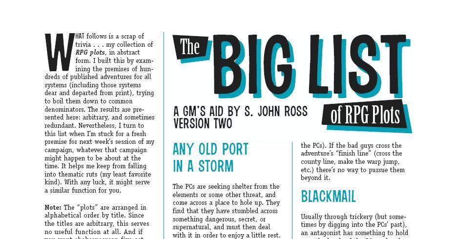 The Big List of RPG Plots | RPG Item | RPGGeek