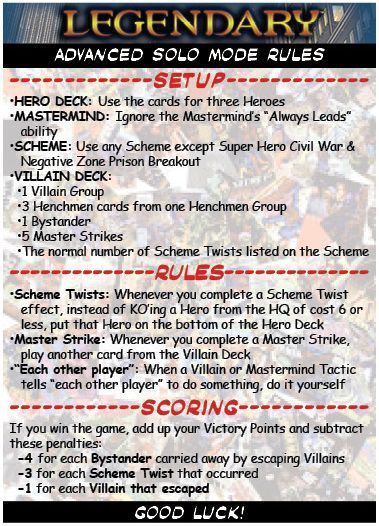 Advanced Solo Rules "cheat-sheet" card | Legendary: A Marvel Deck ...