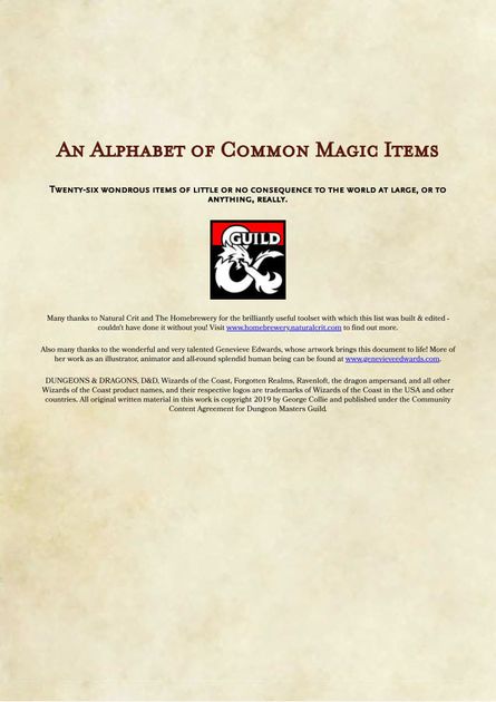 An Alphabet of Common Magic Items | RPG Item | RPGGeek