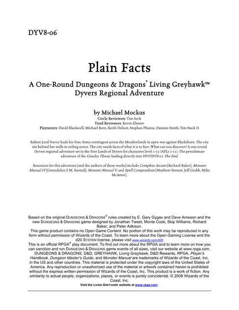 DYV8-06: Plain Facts | RPG Item | RPGGeek