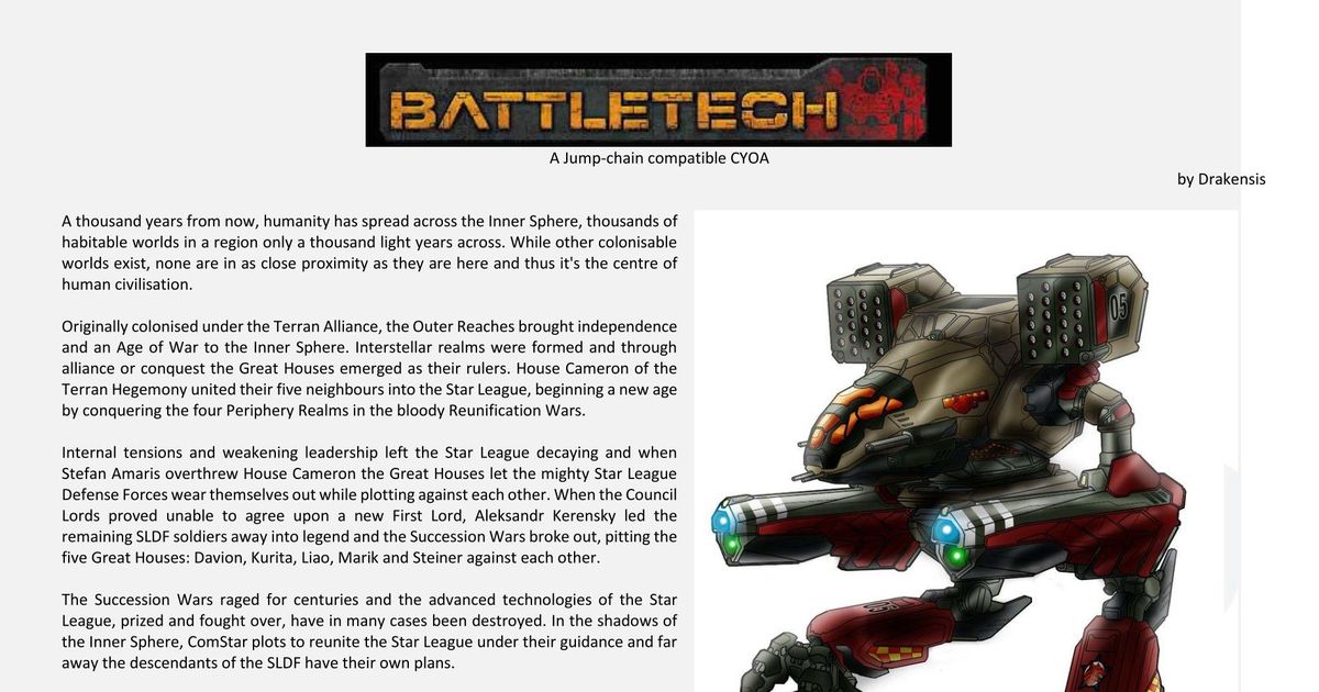 Battletech: A Jump-chain Compatible CYOA | RPG Item | RPGGeek