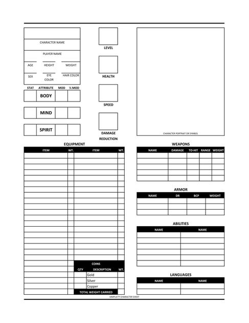 Simplicity Character Sheets | RPG Item | BoardGameGeek