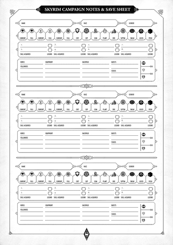 RPG Style - Skyrim Campaign Notes & Save Sheet PDF - Print friendly ...