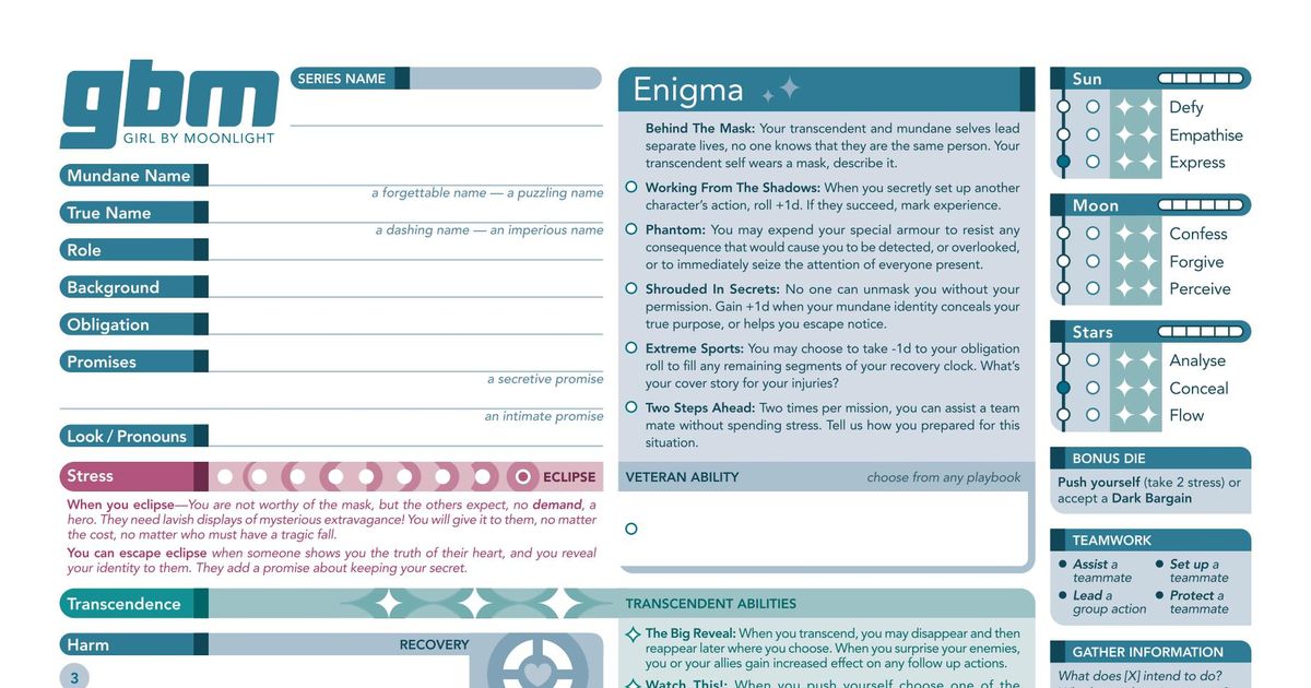 Girl by Moonlight Play Sheets | RPG Item | BoardGameGeek