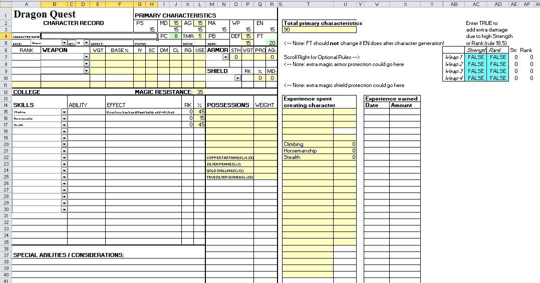 DragonQuest Ultimate Character Sheet (XLS) | RPG Item | RPGGeek