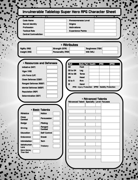 Invulnerable Character Sheet | RPG Item | RPGGeek