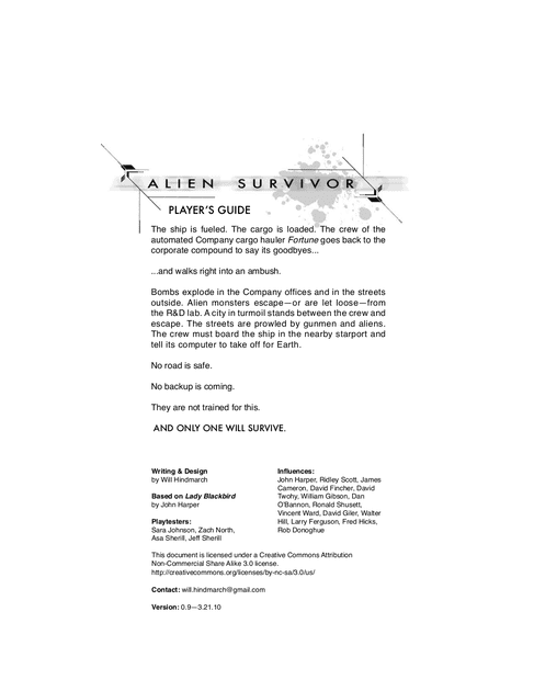 Alien Survivor Player's Guide | RPG Item | RPGGeek