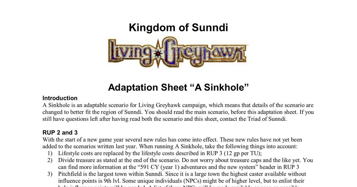 Kingdom of Sunndi Adaptation Sheet - A Sinkhole | RPG Item | RPGGeek
