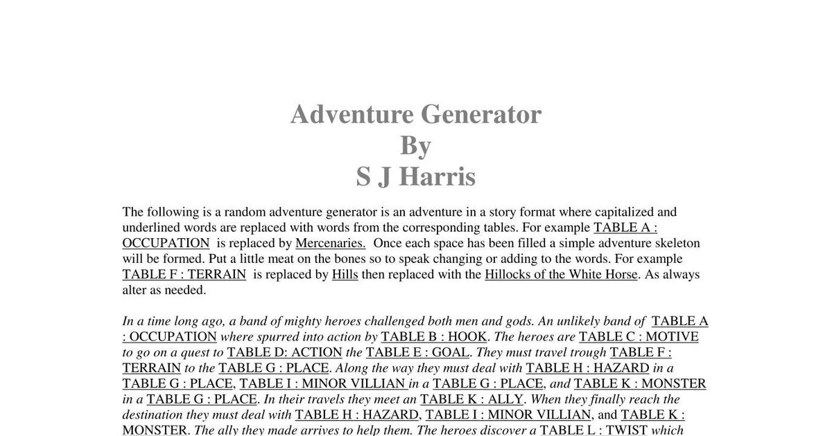 Adventure Generator | RPG Item | RPGGeek