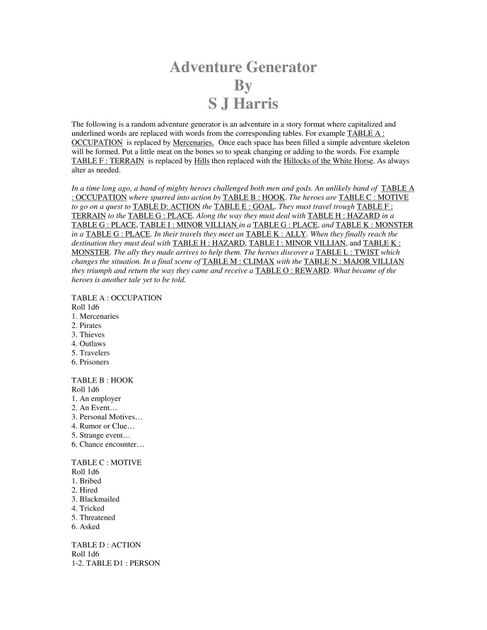 Adventure Generator | RPG Item | RPGGeek