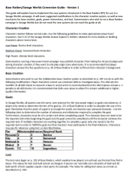 Base Raiders/Savage Worlds Conversion Guide - Version 1 | RPG Item | RPGGeek