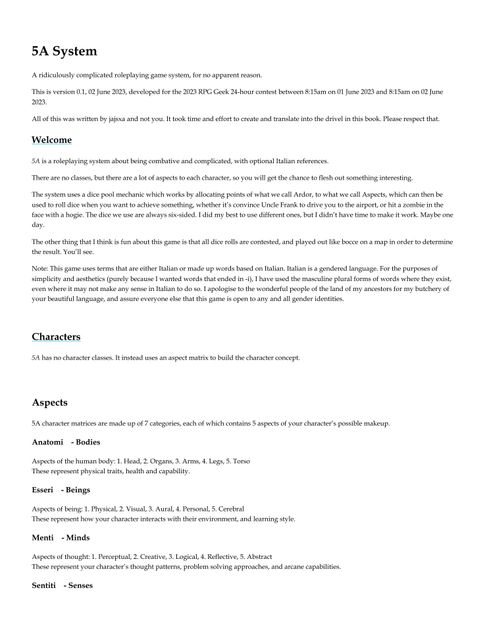 5A System | RPG Item | RPGGeek