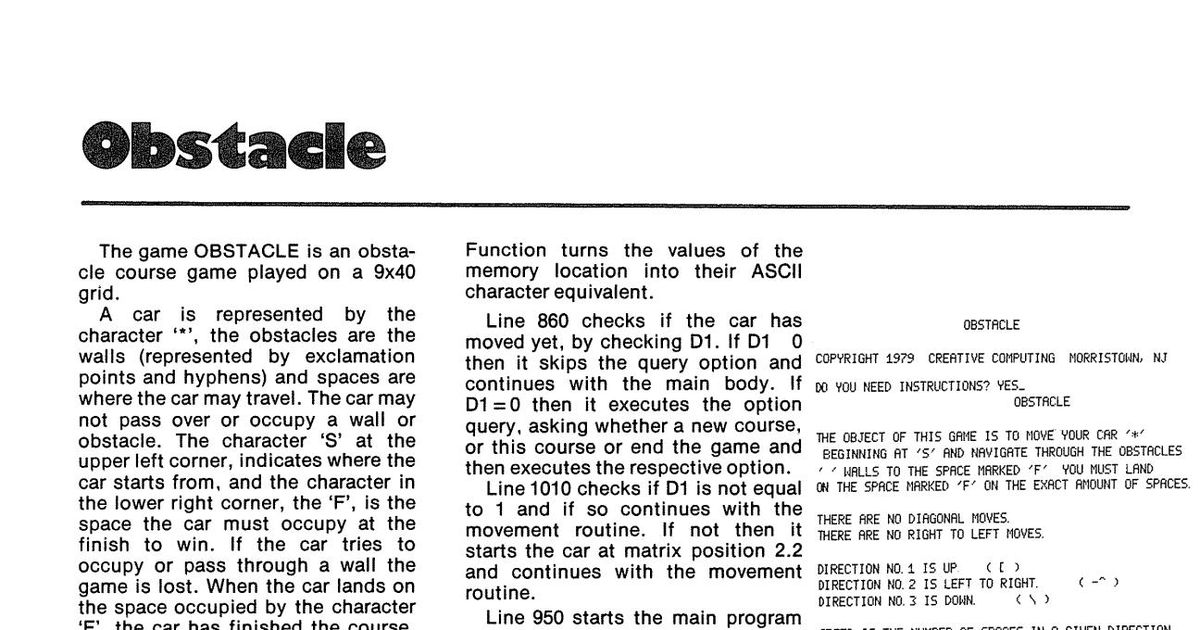 Obstacle (1979) | Video Game | BoardGameGeek
