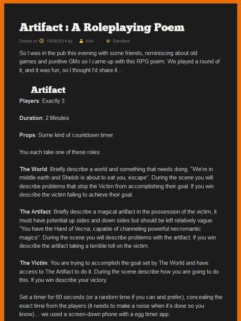 Artifact: A Roleplaying Poem | RPG Item | RPGGeek